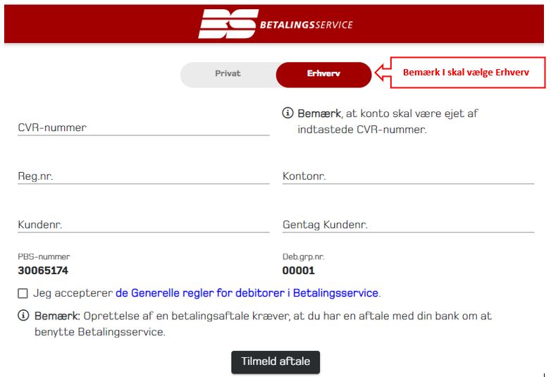 Tilmelding til Betalingsservice for Salling Group Business med månedlig ...